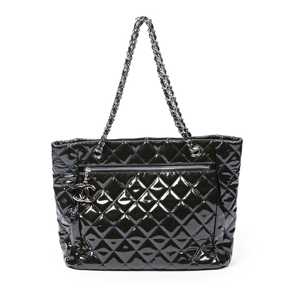 CHANEL | Bags | Chanel Front Zip Shopping Tote In Black Blue Stitching ...